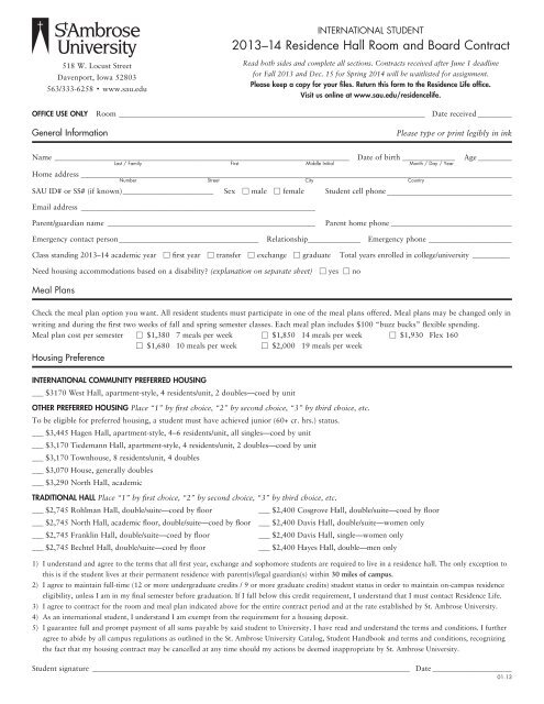 Housing Contract - St. Ambrose University Housing Contract - St. Ambrose University