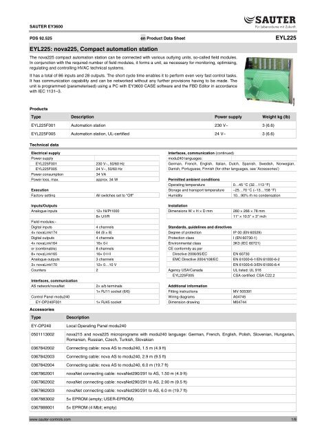 nova225, Compact automation station - sauter-controls.com sauter ...