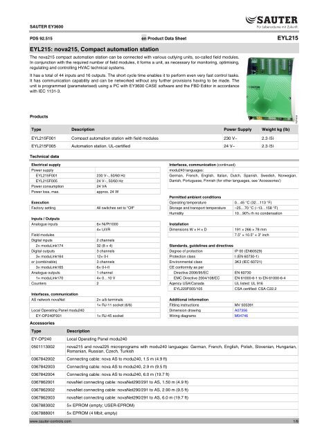 nova215, Compact automation station - sauter-controls.com sauter ...