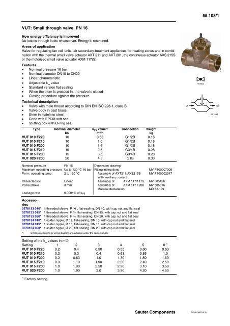 55.108/1 VUT: Small through valve, PN 16 Sauter Components