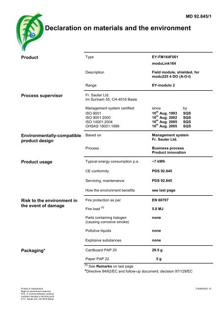 Declaration on materials and the environment