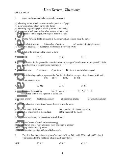 Chemistry-Unit Review-2DE-09-10 - Savita Pall and Chemistry