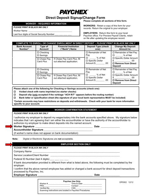 Direct Deposit Signup Change Form Paychex