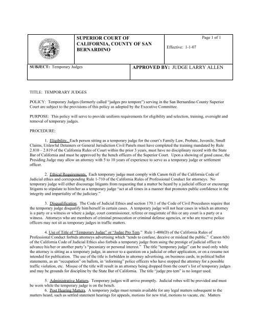 Temporary Judge Court Policy - San Bernardino Superior Court