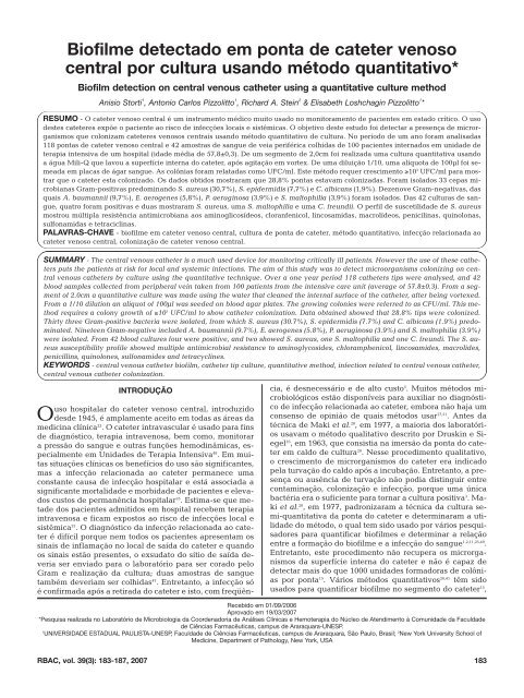 Biofilme detectado em ponta de cateter venoso central por cultura ...