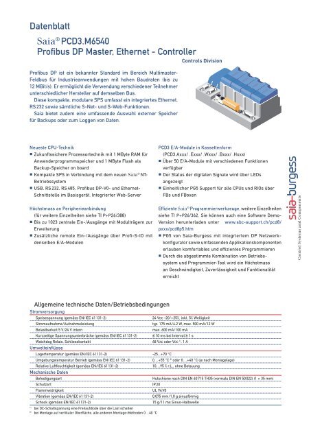 Datenblatt SaiaÃ‚Â® PCD3.M6540 Profibus DP Master ... - Saia-Support