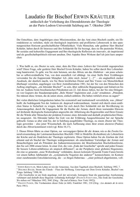 Laudatio fÃƒÂ¼r Bischof ERWIN KRÃƒÂ„UTLER - UniversitÃƒÂ¤t Salzburg