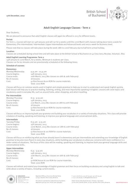 Adult English Language Classes - British School Of Bucharest