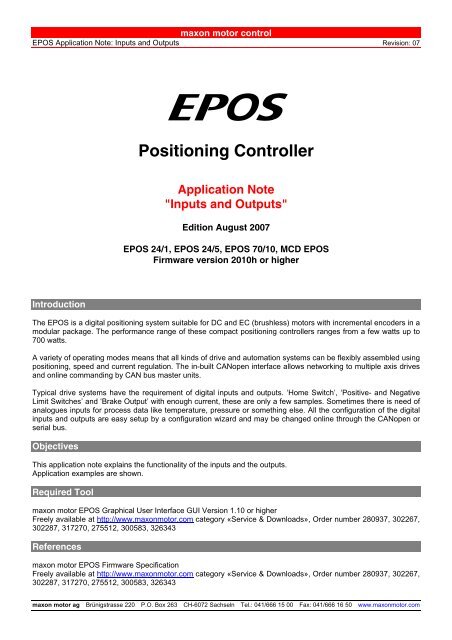 EPOS Application Note: Inputs and Outputs - Maxon Motor ag