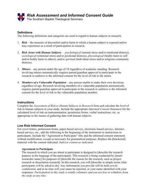 Risk Assessment and Informed Consent Guide - Southern Baptist ...