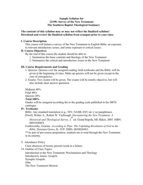Sample Syllabus for 22190: Survey of the New Testament The ...