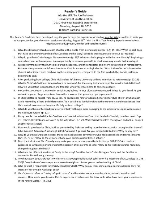 Reader's Guide for Into the Wild by Jon Krakauer - University of ...