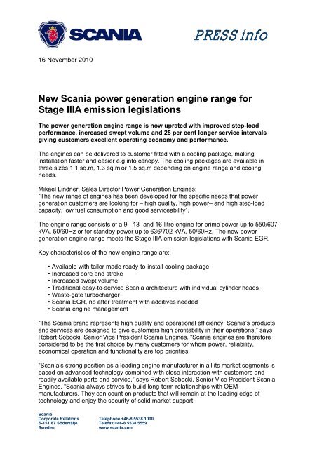 New Scania power generation engine range