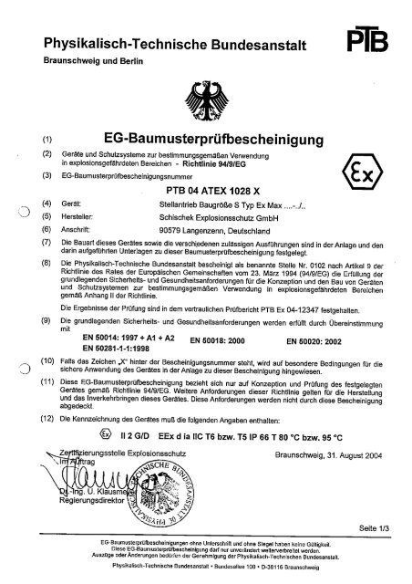 ATEX - ExMax - PTB 04 ATEX 1028 X - Schischek Explosionsschutz