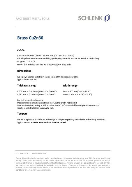 Brass CuZn30 (PDF) - Schlenk