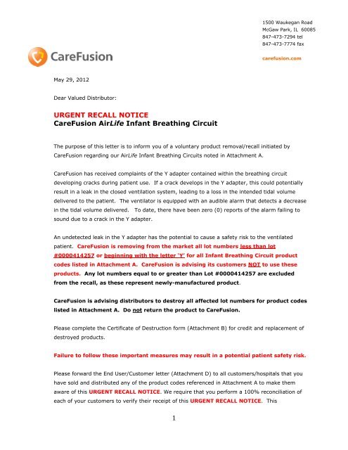 FDA Recall Notification AirLife Infant Breathing Circuits ... - CareFusion