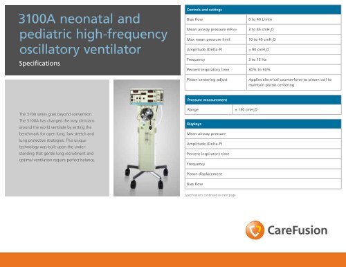 3100A High Frequency Oscillatory Ventilator Specs - CareFusion