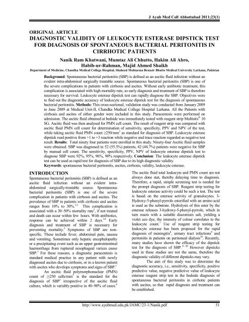 diagnostic validity of leukocyte esterase dipstick test for diagnosis ...