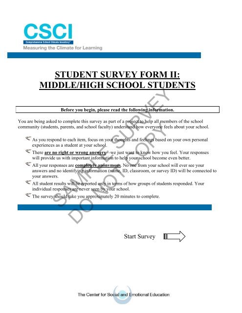 STUDENT SURVEY FORM II: MIDDLE/HIGH SCHOOL STUDENTS