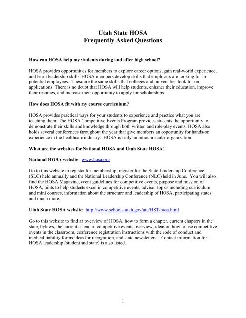 Utah State HOSA Frequently Asked Questions - Utah.gov