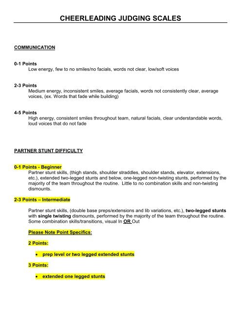 CHEERLEADING JUDGING SCALES