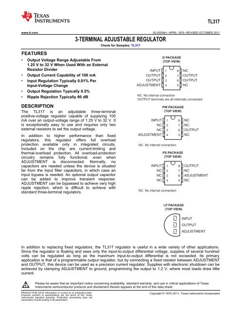 3-Terminal Adjustable Regulators, TL317 (Rev. H)