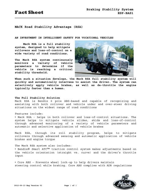 Braking Stability System ESP-BAS1 MACK Road Stability Advantage