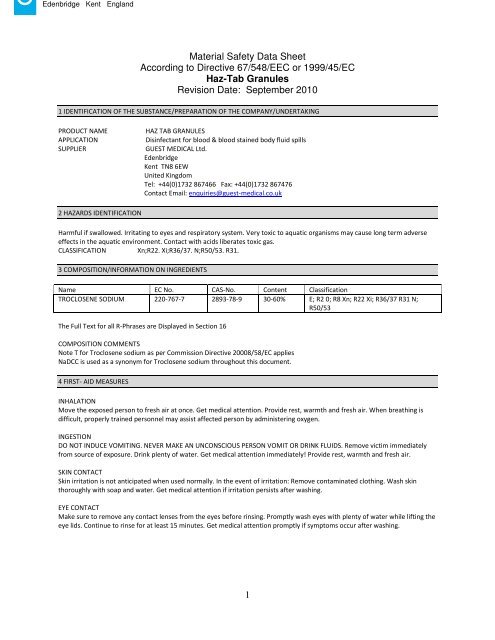 1 Material Safety Data Sheet According to Directive 67/548/EEC or ...