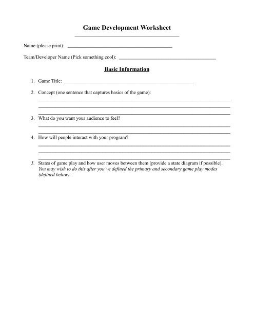 Game Development Worksheet