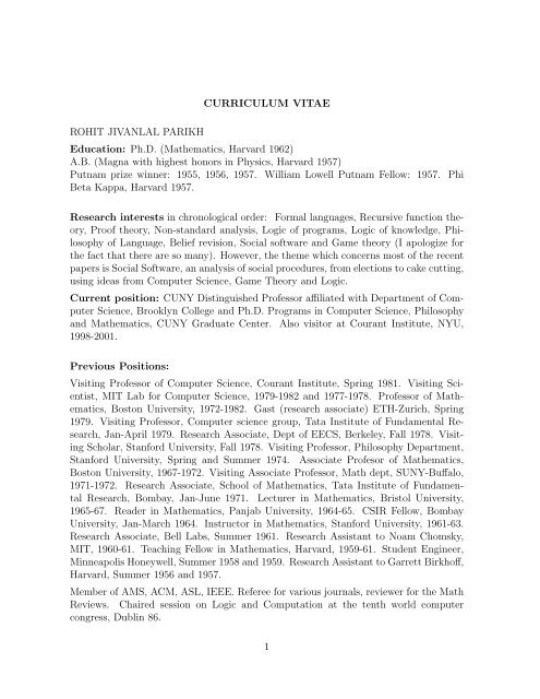 CURRICULUM VITAE ROHIT JIVANLAL PARIKH Education: Ph.D ...