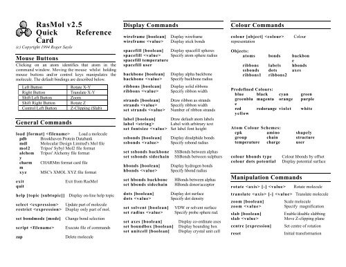 RasMol Reference Card in Acrobat PDF Format