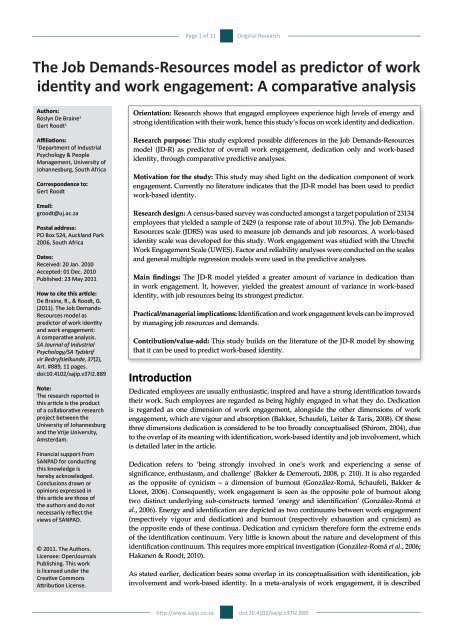 The Job Demands-Resources model as predictor of work identity ...