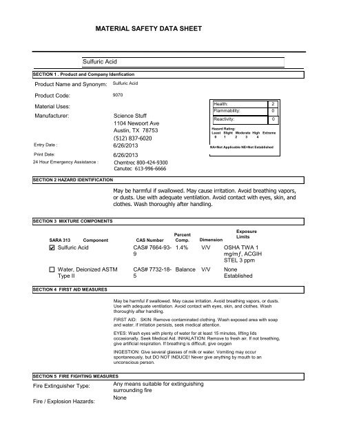 MSDS for - Science Stuff