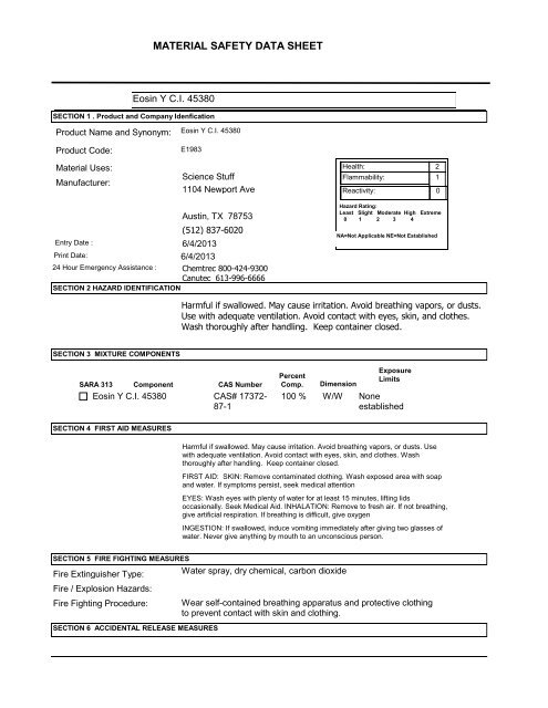 MSDS for Eosin Y - C.I. 45380 - Science Stuff