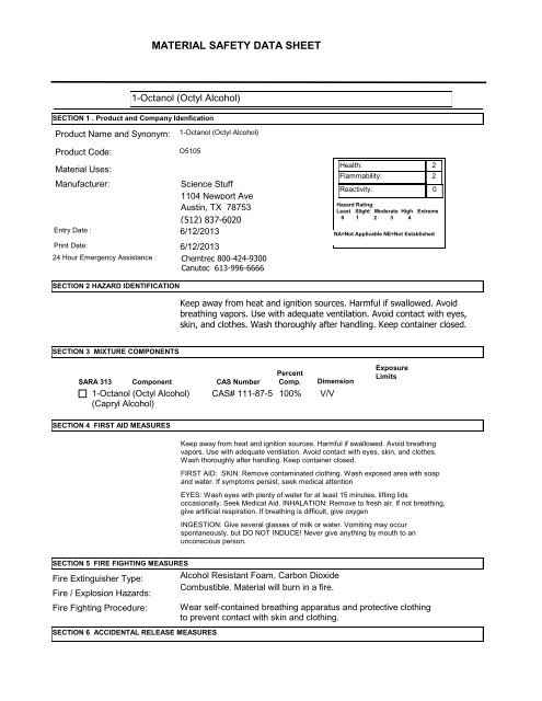 MSDS for 1-Octanol (Octyl Alcohol) - Science Stuff