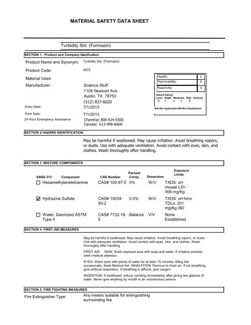 MSDS for Turbidity Std. (Formazin) - 4000 NTU (APHA) - Science Stuff