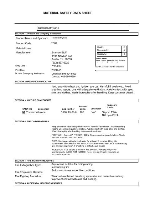 MSDS for Trichloroethylene - Science Stuff