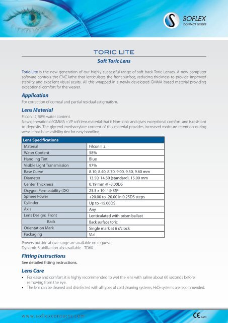 TORIC LITE Soft Toric Lens Application Lens Material Fitting ...