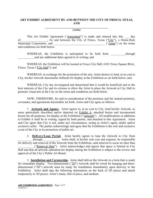 ART EXHIBIT AGREEMENT BY AND BETWEEN THE ... - City of Frisco