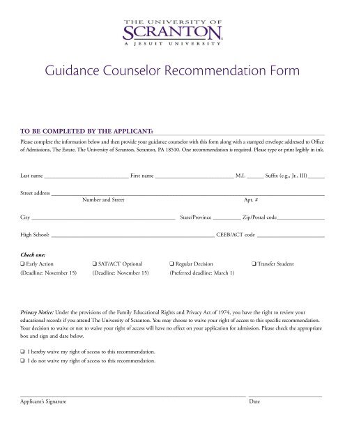 Guidance Counselor Recommendation Form - The University of ...