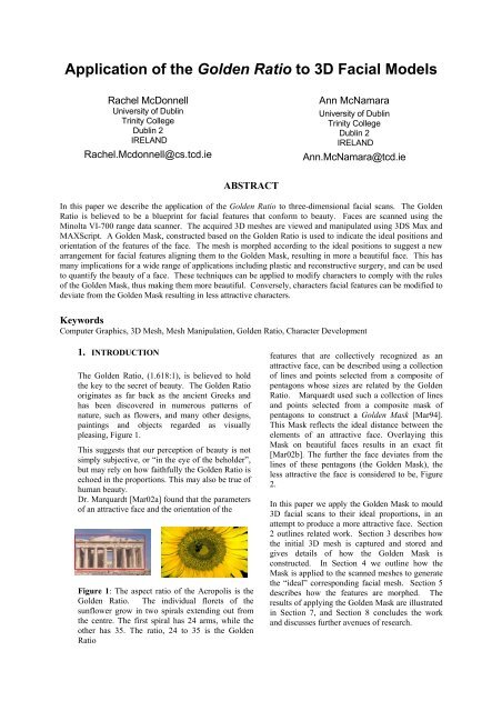 Application of the Golden Ratio to 3D Facial Models