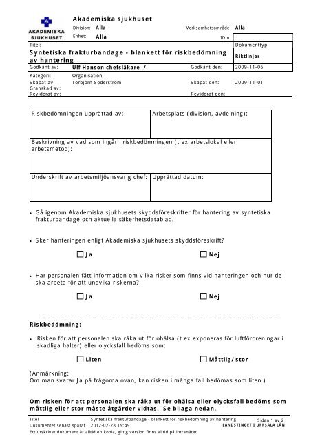 Syntetiska frakturbandage - blankett fÃ¶r riskbedÃ¶mning av hantering