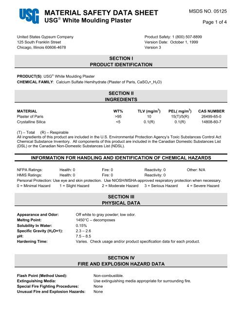 USG Material Safety Data Sheet, USGÂ® White Moulding Plaster ...
