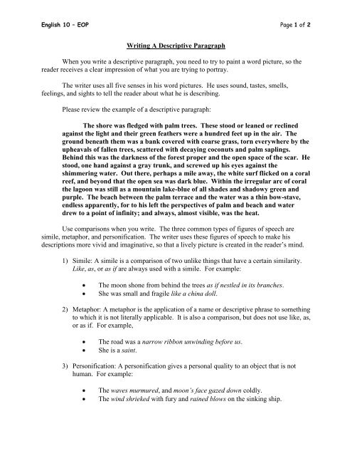 Writing A Descriptive Paragraph pdf