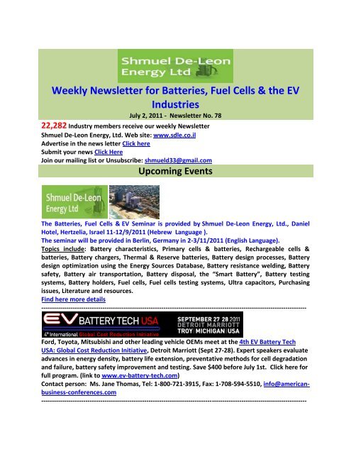 Weekly Newsletter for Batteries, Fuel Cells & the EV Industries