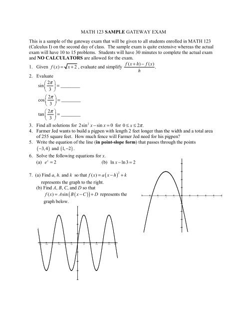 MATH 123 SAMPLE GATEWAY EXAM