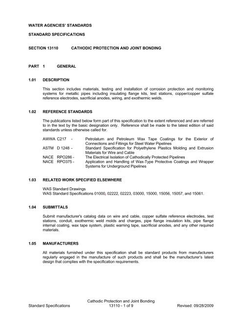 Cathodic Protection and Joint Bonding - Water Agencies' Standards