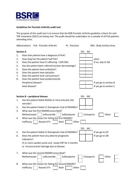 BSR Guidelines for PsA Audit Tool