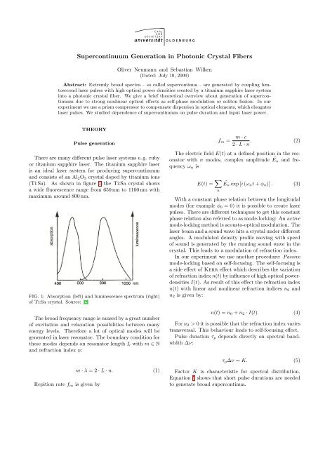 FPR Physik: Supercontinuum Generation in Photonic Crystal Fibers