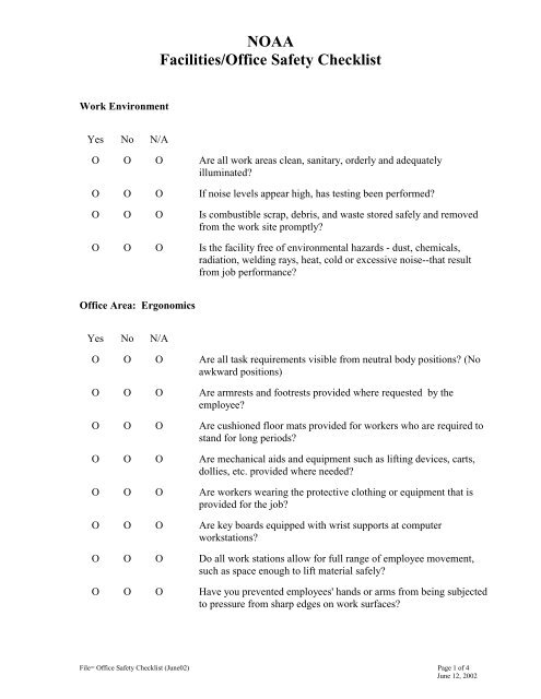NOAA Facilities/Office Safety Checklist - NOAA Safety and ...